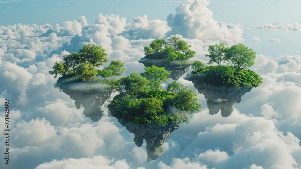 Floating islands with trees Lake river in the sky World Environment Day ...