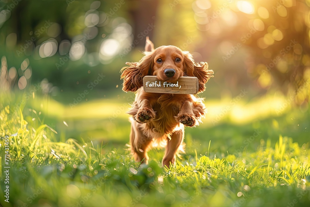 loyal cocker spaniel bounding through a sunlit meadow, holding in mouth ...