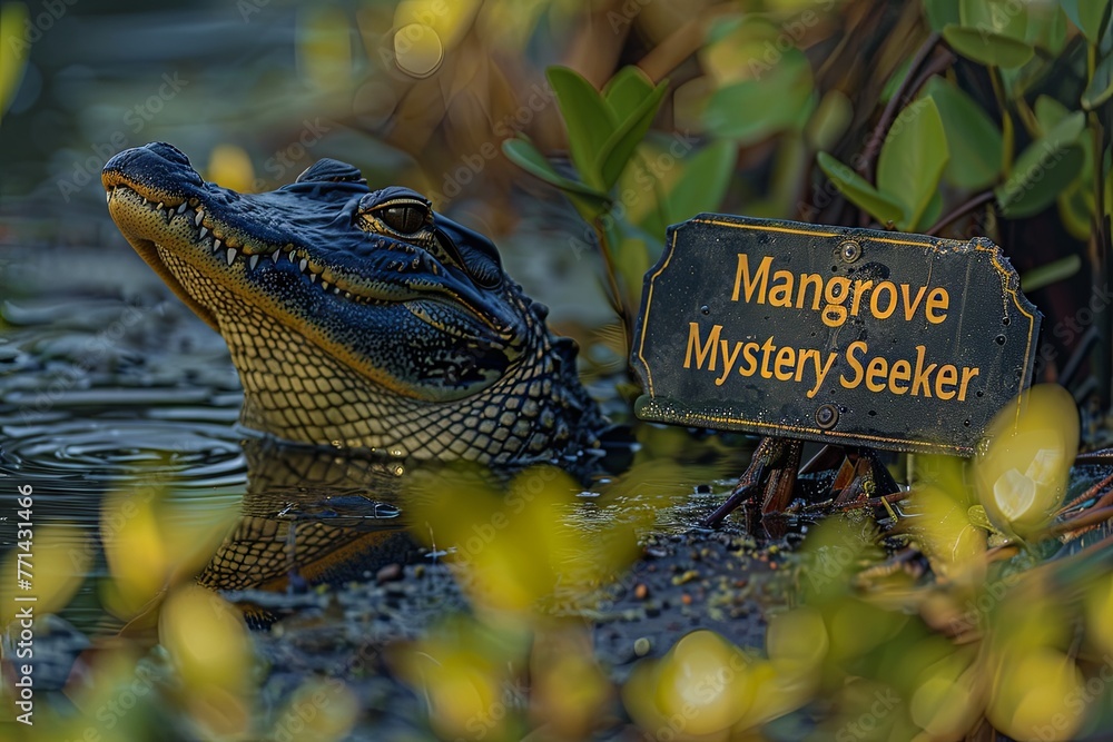 a curious crocodile peeking out from behind a tangle of mangroves, its ...