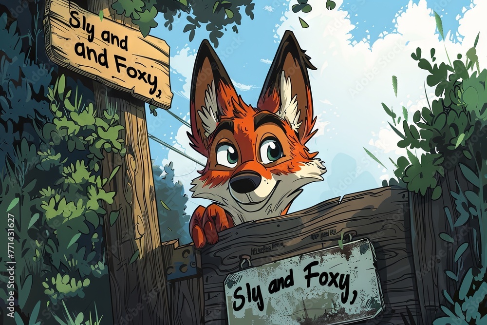 curious fox peering out from behind a bush, its sign reading "Sly and ...