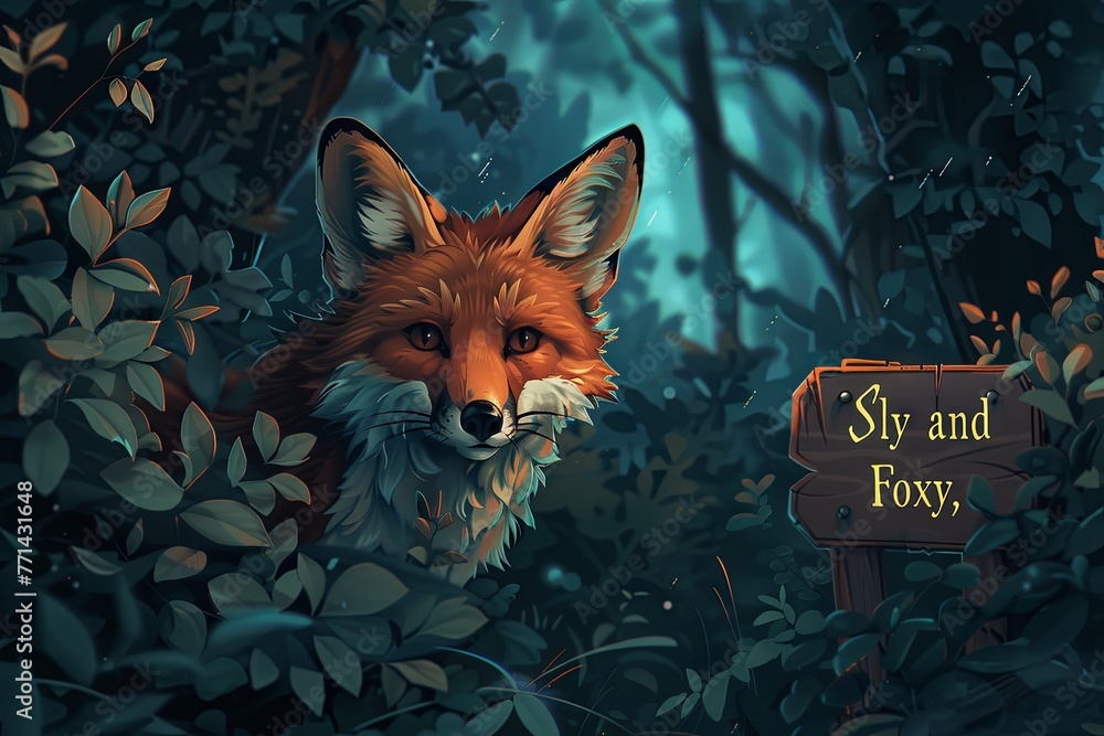 curious fox peering out from behind a bush, its sign reading "Sly and ...