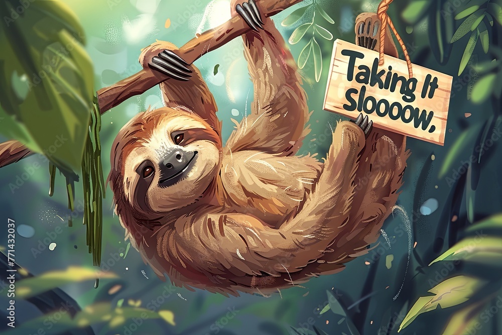 cartoon laid-back sloth hanging from a branch, its sign reading "Taking ...