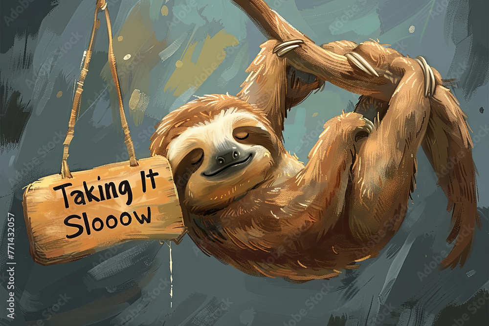 cartoon laid-back sloth hanging from a branch, its sign reading "Taking ...