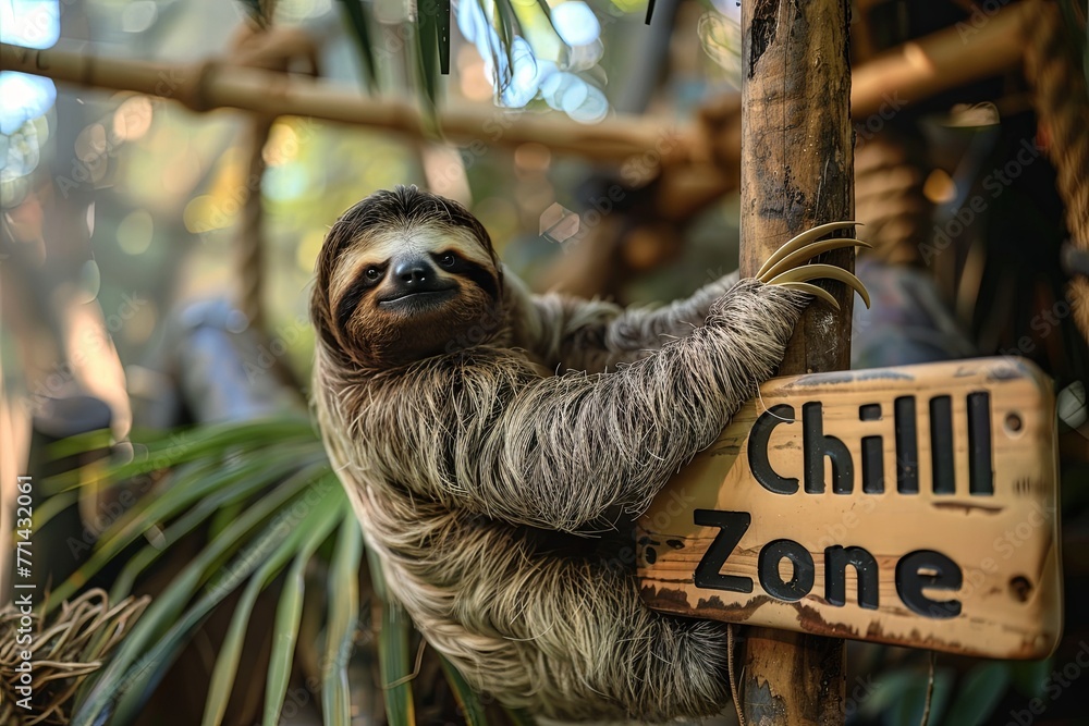 laid-back sloth hanging from a tree branch, its sign reading "Chill ...