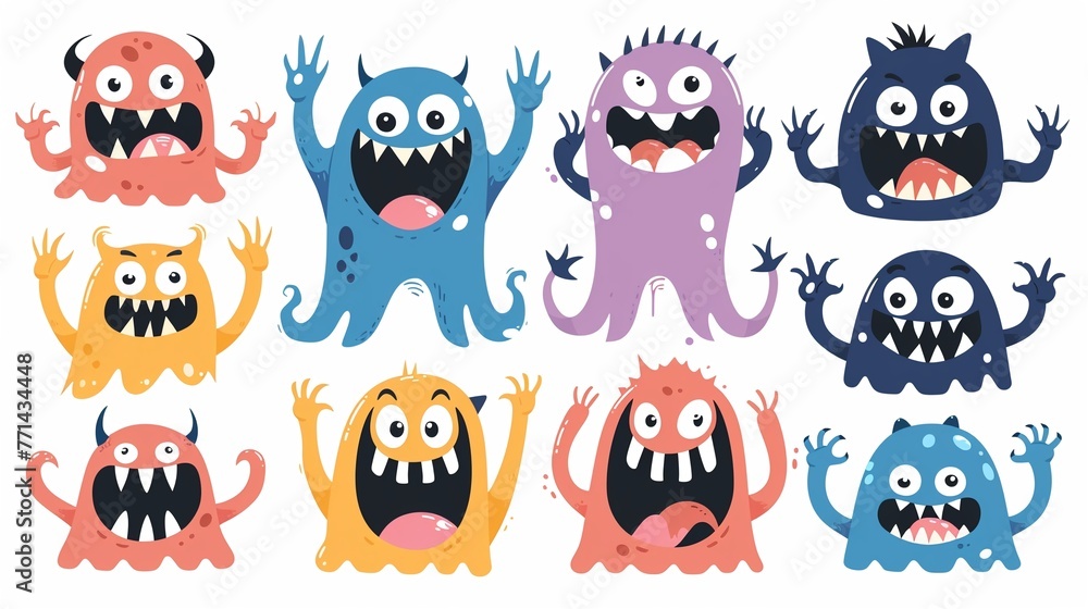 Collection of monster face silhouettes, featuring playful eyes, sharp ...
