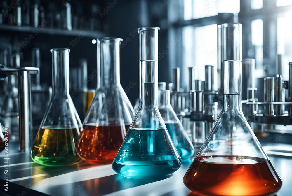 Group of flasks and test tubes in chemical laboratory. Reagents and ...