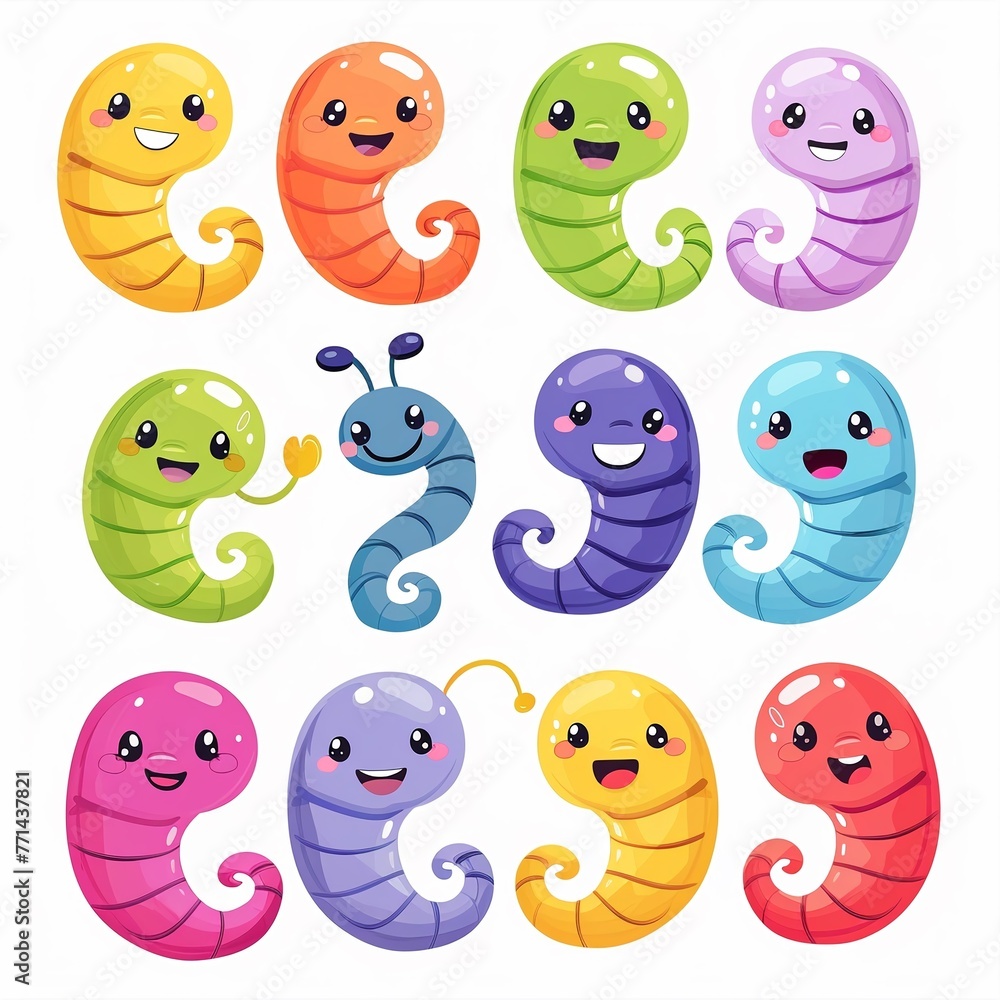 Joyful, colorful worm set featuring cartoon earthworms with smiling ...