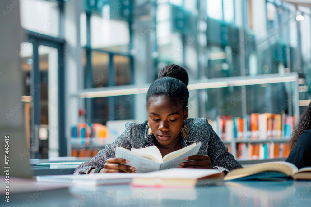 Focused millennial female student sit in shared coworking space ...