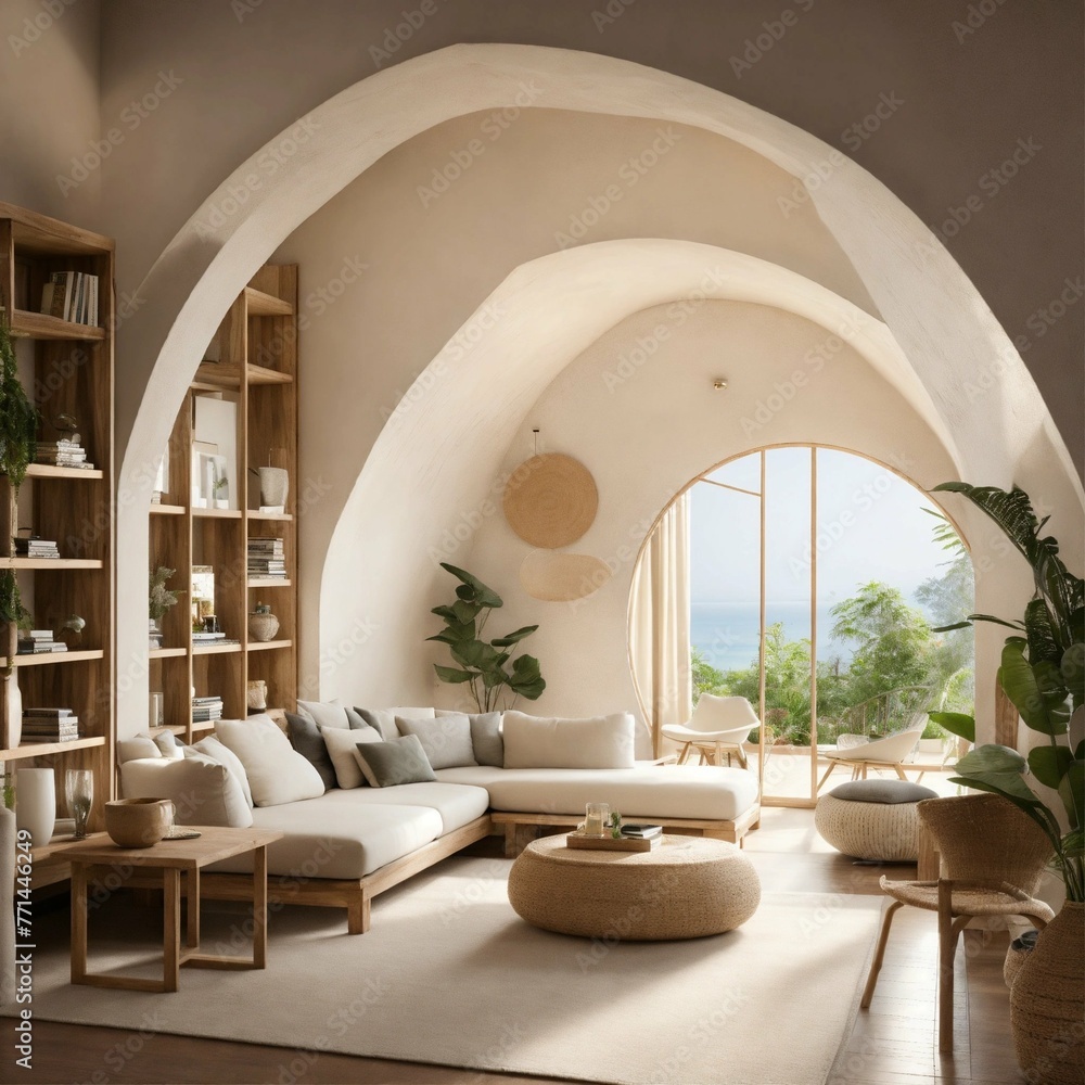 Ultra realistic photo of Modern take on bali inspired low ceiling small ...