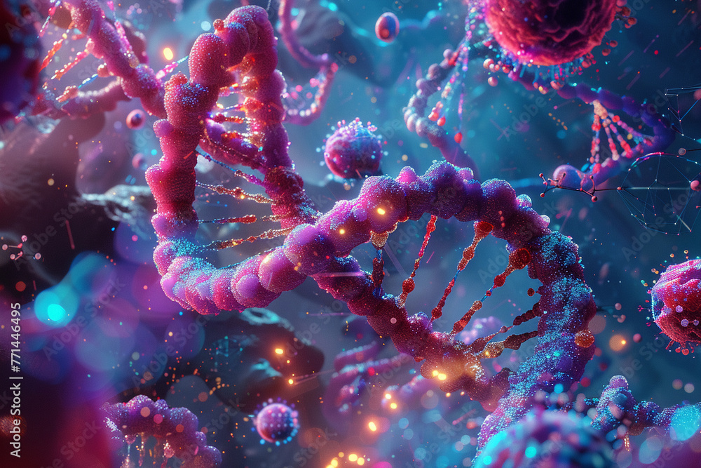 DNA and human cells interaction, high detail, STEM research, vibrant ...