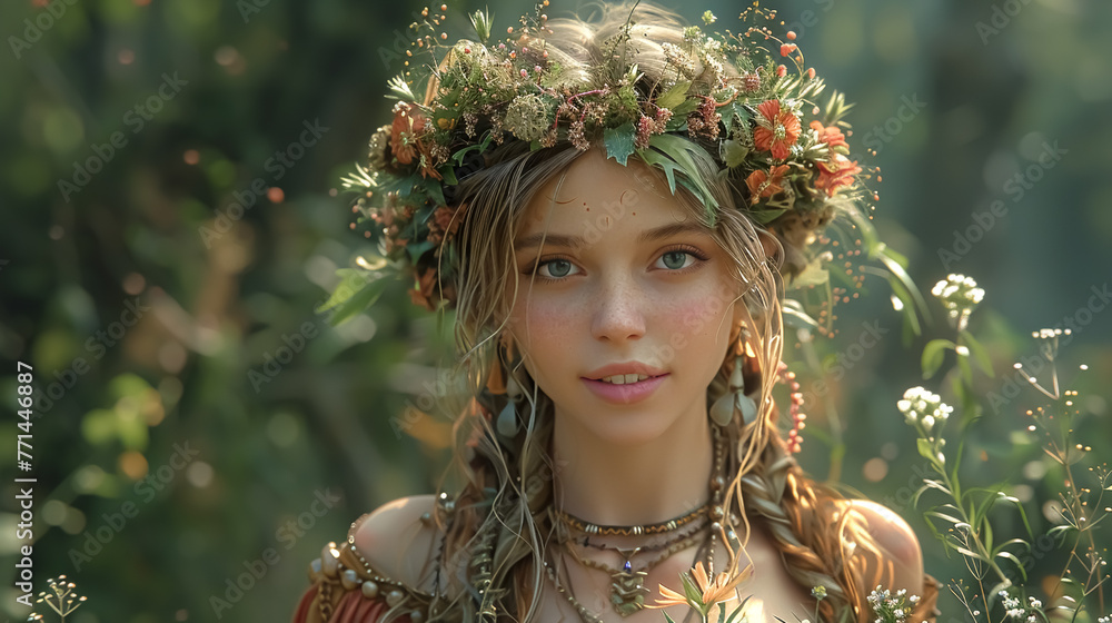 With a radiant smile illuminating the forest, the Elf maiden gracefully ...