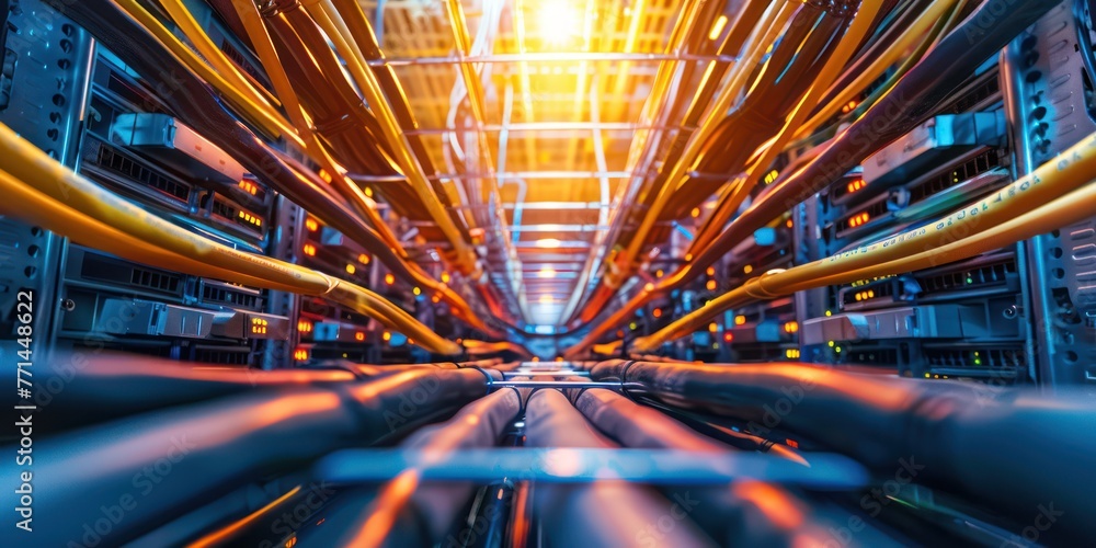 Network cables running along cable trays on the ceiling of a server ...