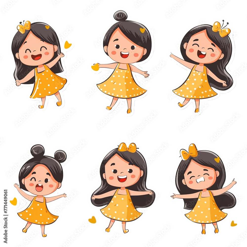 Cute little girl expressing different emotions set. Girl dressed in ...