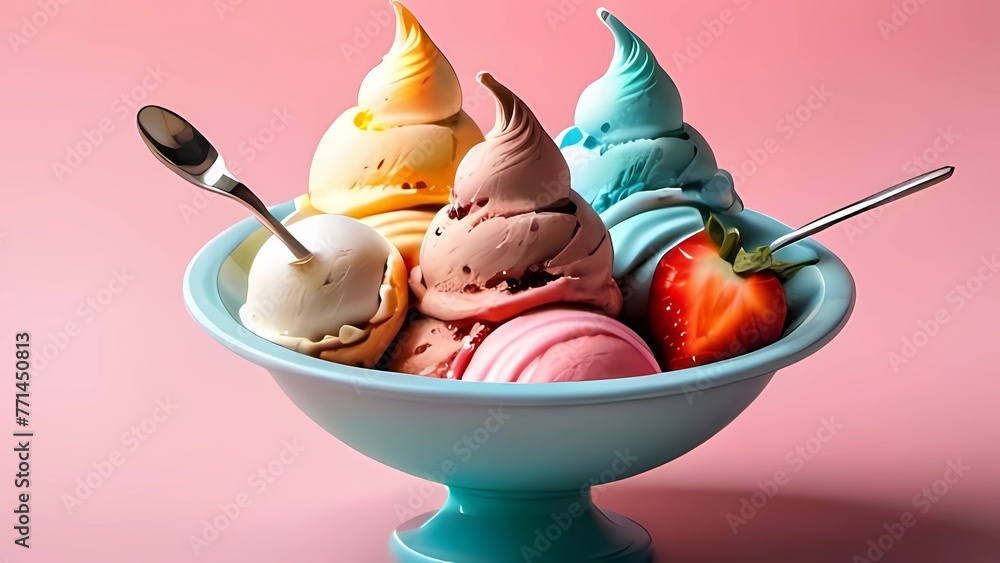 High Angle Still Life of Dessert Sundae with Neapolitan Flavors of Ice ...