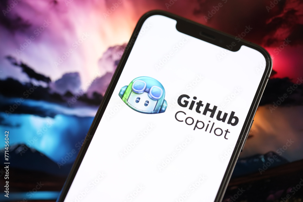 KYIV, UKRAINE - MARCH 17, 2024 Github copilot logo on iPhone display ...