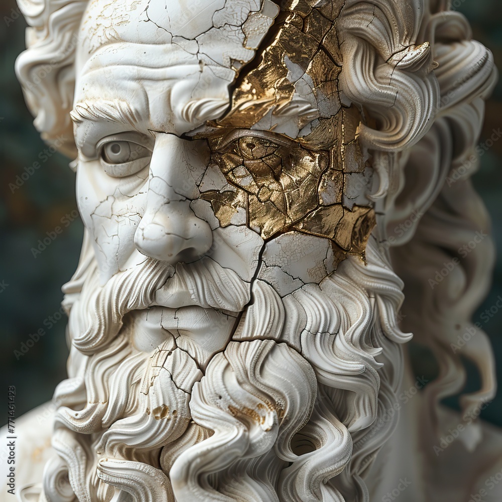 a stone statue of a Greek gods head, the statue is cracked and part of ...