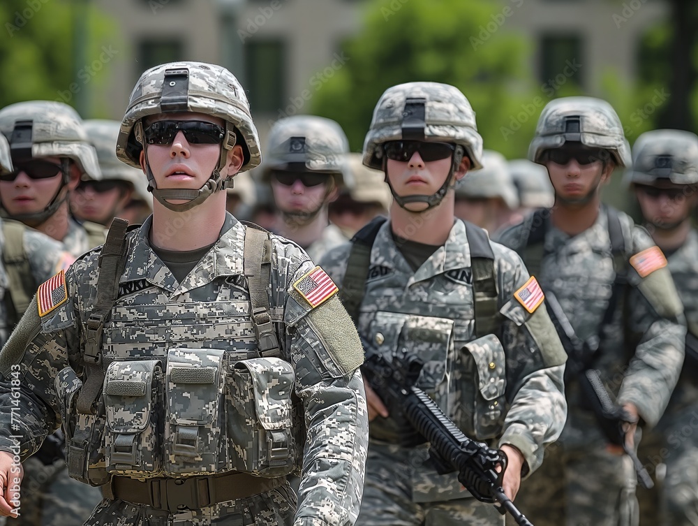 A group of soldiers are lined up in formation. The soldiers are wearing ...