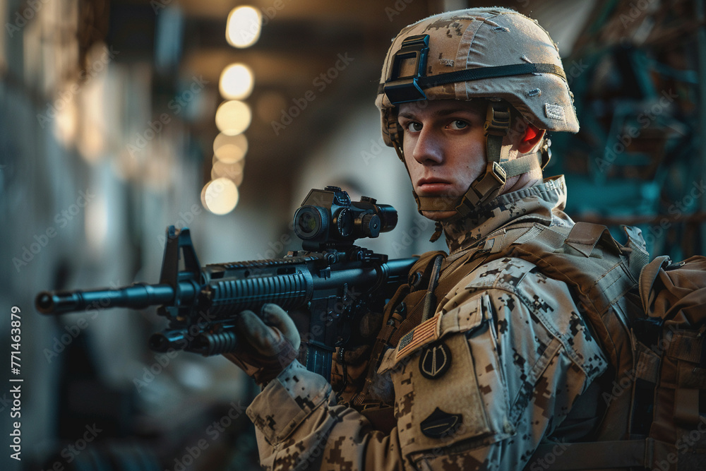 Armed services member in US Marine side view, showcasing the commitment ...