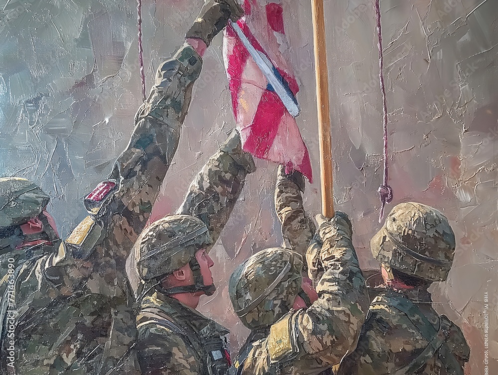 A painting of soldiers raising a flag. The soldiers are wearing ...