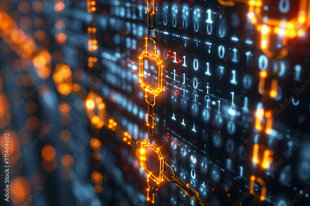 Blockchain technology visualized with glowing nodes and binary code background, illustrating ...