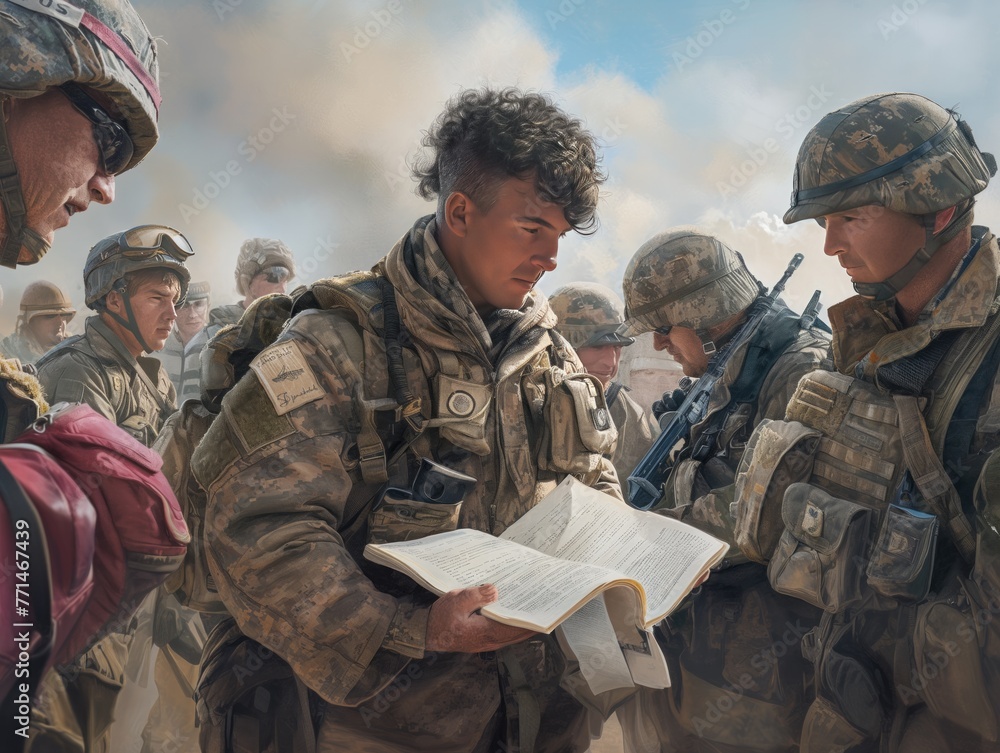 A group of soldiers are gathered around a book, with one of them ...