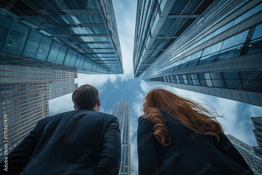 Two people standing in front of a tall building. Concept of power and ...