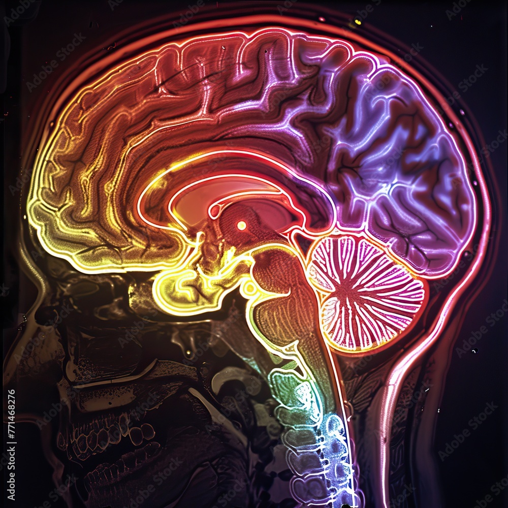 An X-ray of A human brain scan, with different areas illuminated in a ...