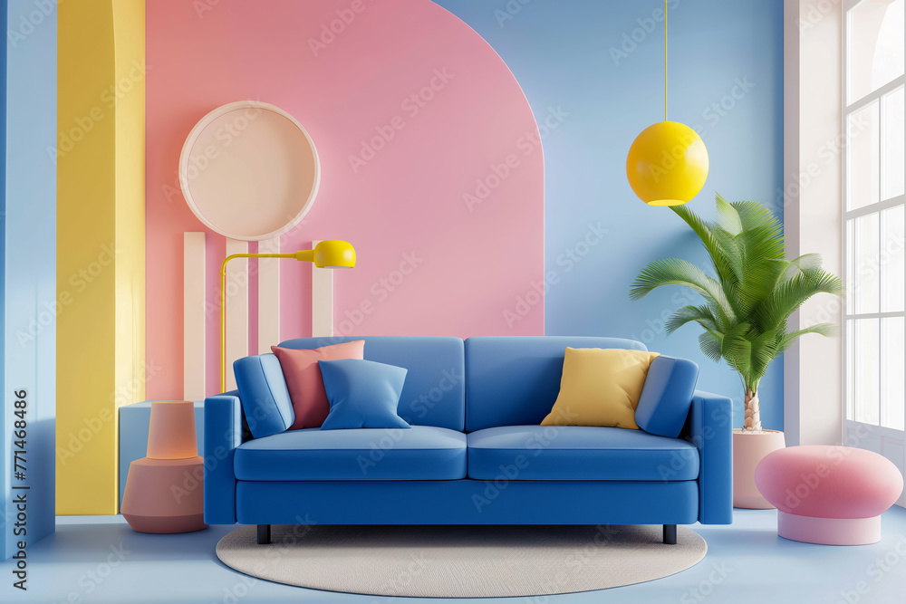 Colorful Pop Art Living Room with Blue Sofa and Geometric Shapes ...