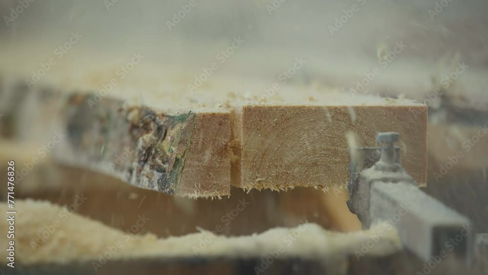 Close Up Of Wood Processing Saw Cutting Timber Board In Workshop ...