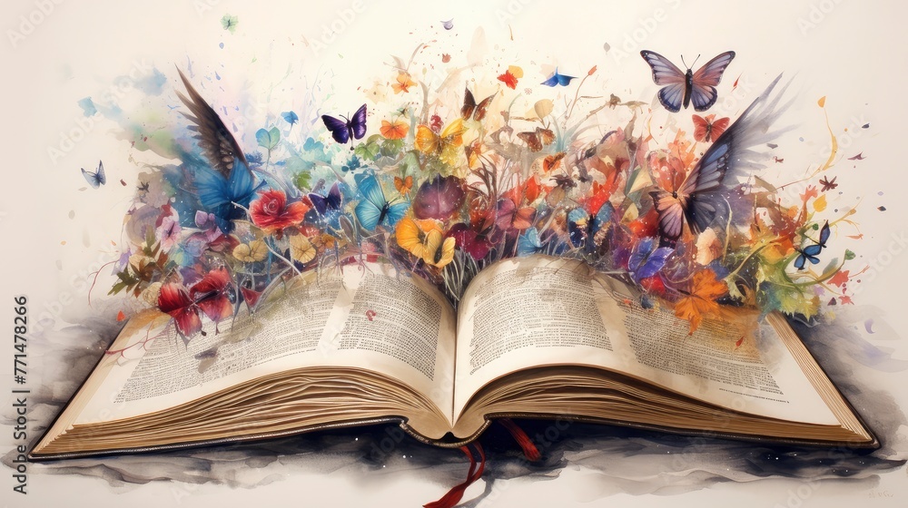 Artistic composition of an open book with vibrant watercolor ...