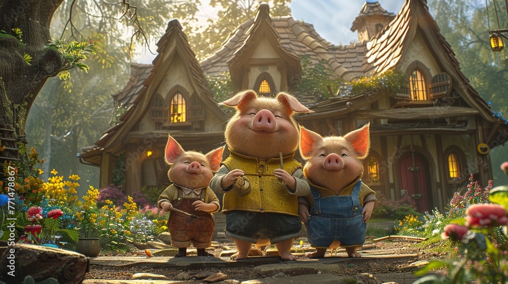 The Three Little Pigs building a house with children, a 3D render ...