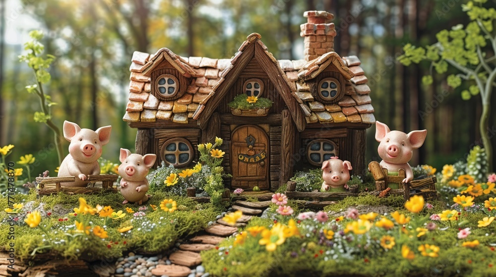 The Three Little Pigs building a house with children, a 3D render ...