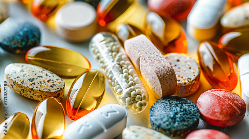 Colorful pills and vitamins arranged on a white surface. Among them ...