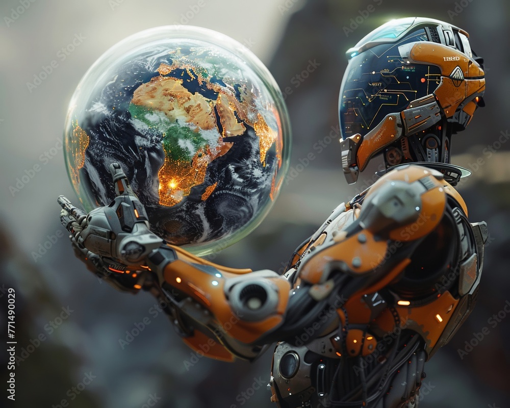 A cybernetic exoskeleton equipped for space travel holds a globe ...
