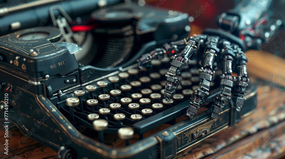 An ancient typewriter in a modern cyborgs hands typing out the complex ...