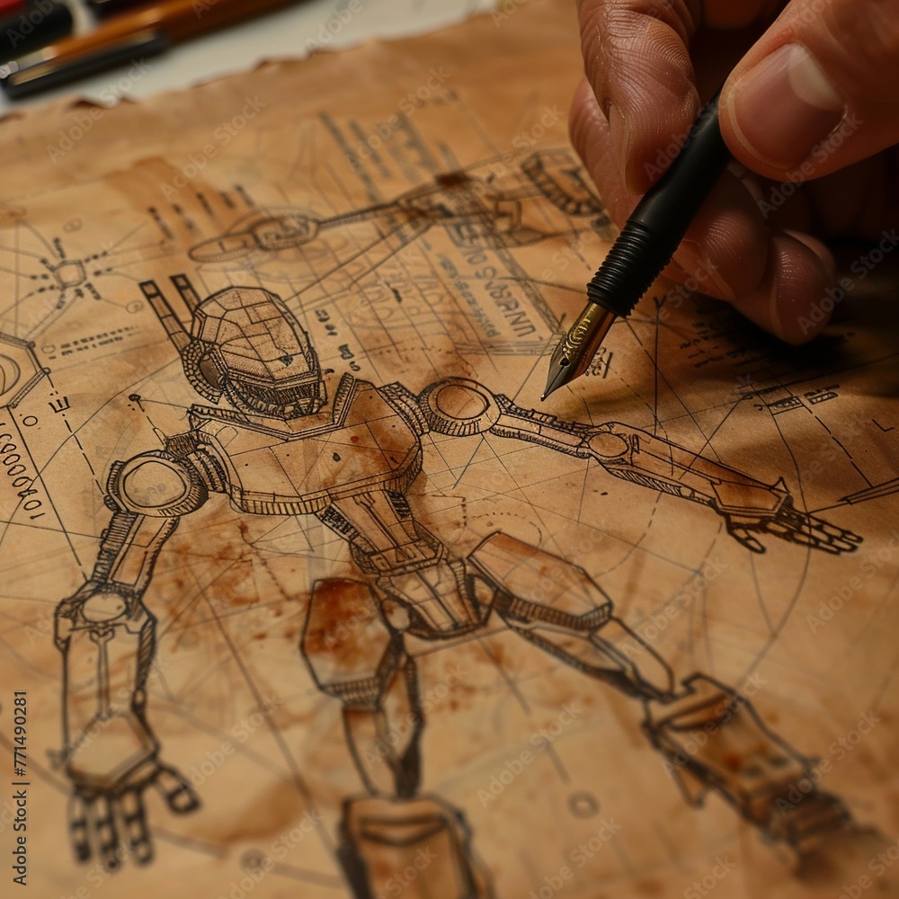 An artist sketches a detailed blueprint of a mech using a fountain pen ...