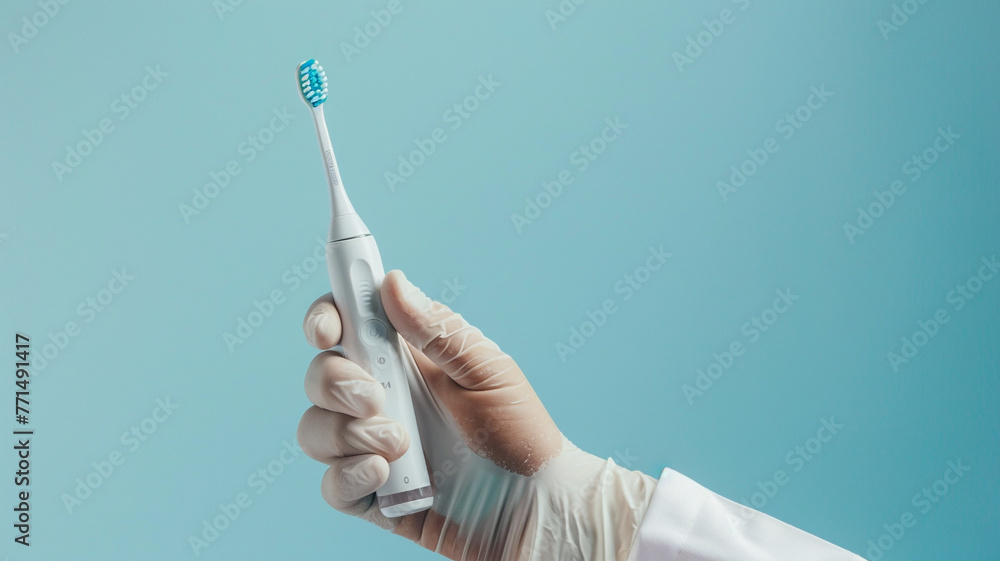 Foto de A white electric toothbrush is held in the doctor's hand while ...