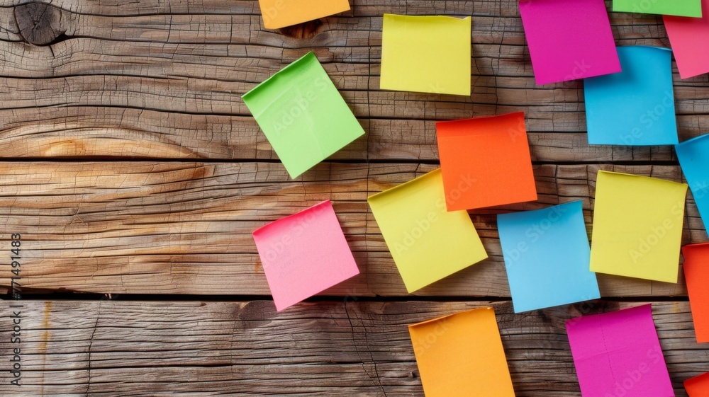 Scattered sticky notes on wooden surface - A clutter of assorted ...