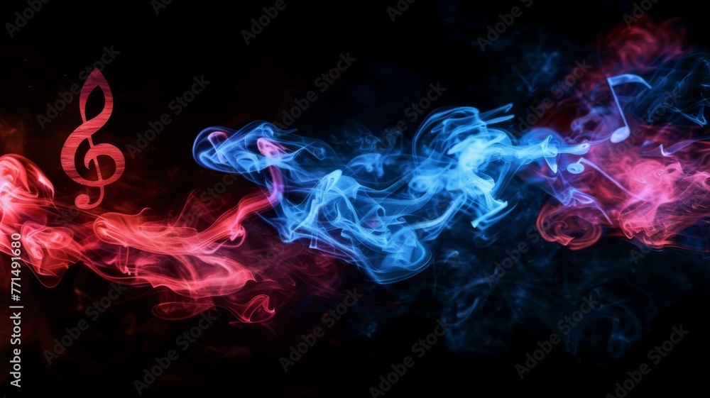Smoke shaped into flowing musical symbols - Red and blue smoke ...