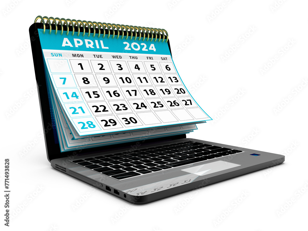 2024 year calendar. April calendar over laptop screen on a white ...