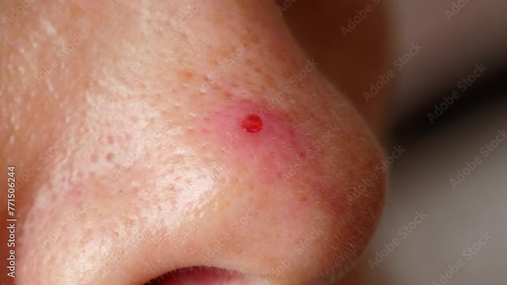 Close-up of a large red pimple on a woman's nose, a bloody pimple ...