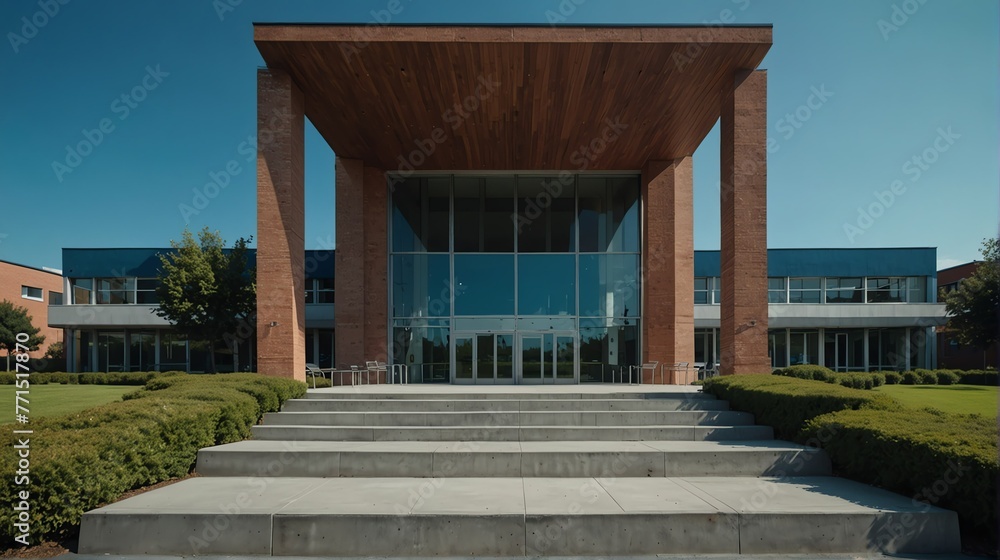 Streetview facade of generic modern blue theme university school ...