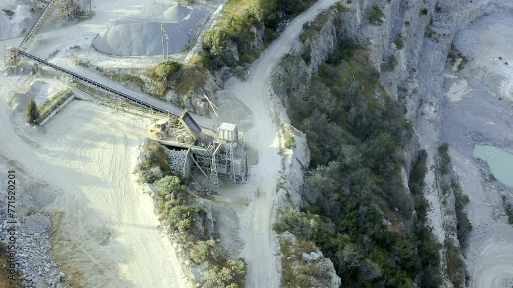 Rock mining, truck and drone for natural resources, quarry dam and ...