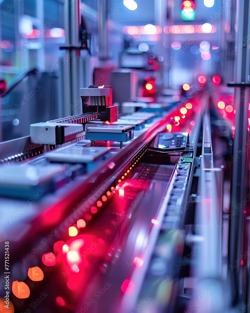 A closeup of an automatic sorting system using sensors and conveyor ...