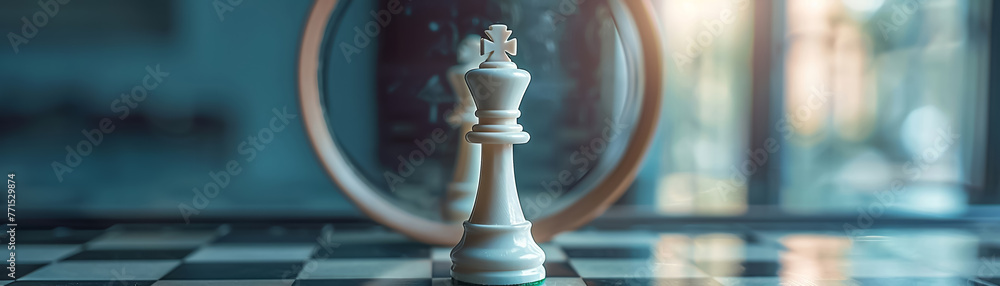 A white chess piece reflects in a mirror, transforming into a queen ...
