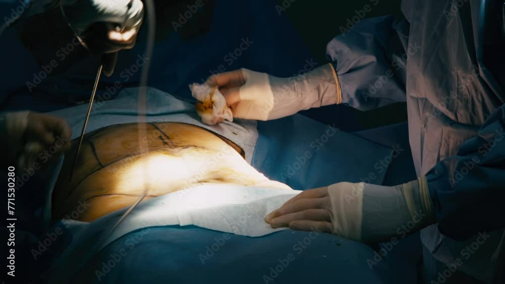 Liposuction surgery. The doctor prepares to collect fat from the woman ...