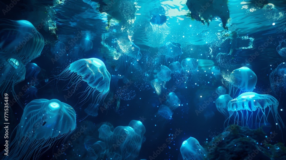 Bioluminescence in the deep ocean, showcasing marine organisms glowing ...