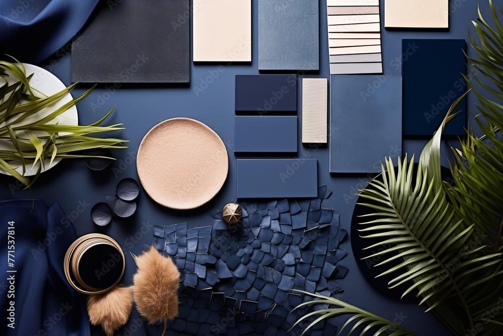 aesthetic flat lay composition in grey and navy, featuring textile and ...