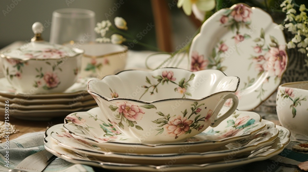 Vintage-inspired floral dinnerware set with scalloped edges, evoking ...