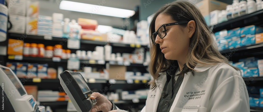 Pharmacy tech scanning a medication barcode, efficiency, clear display ...